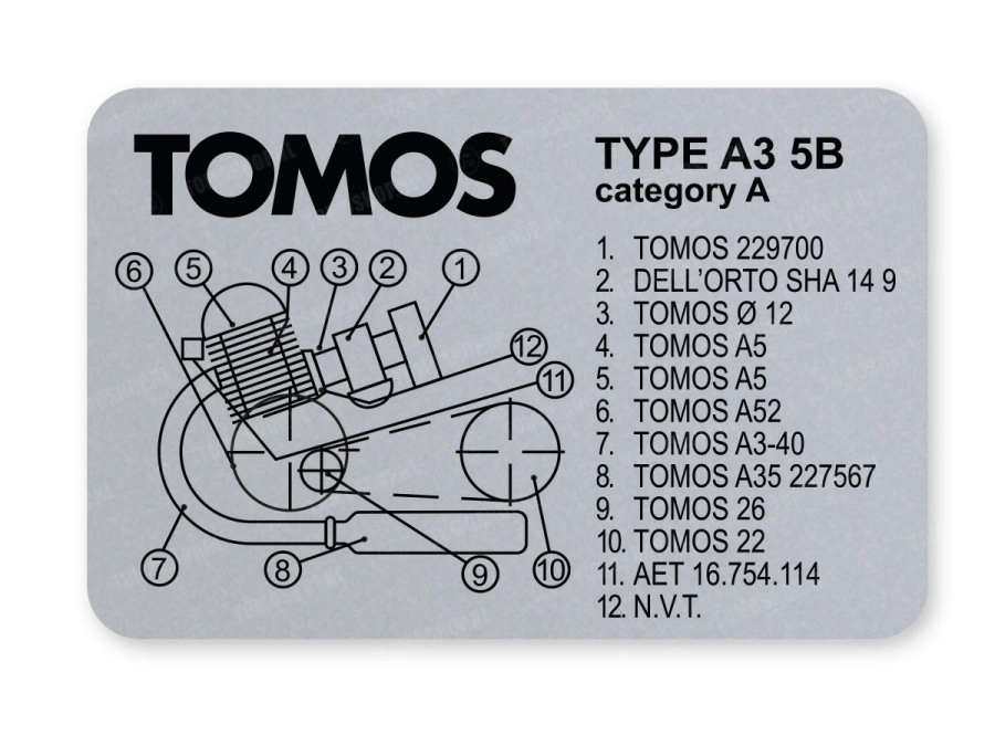 Tomos A3 5B Type frame sticker zilver met onderdelen specificatie