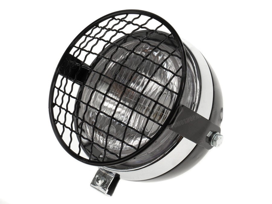 Tomos Koplamp rond 130mm Maxi zwart met chroom met rooster